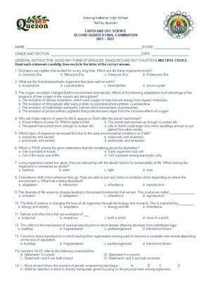 Copy of (updated) Second Quarter EXAM in Earth and life science ...