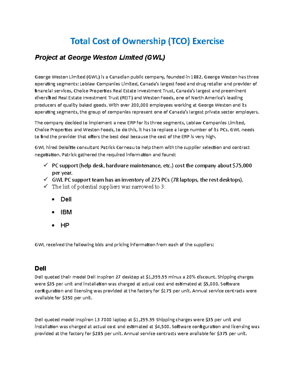 GWL TCO Exercise - lecture - Total Cost of Ownership (TCO) Exercise ...
