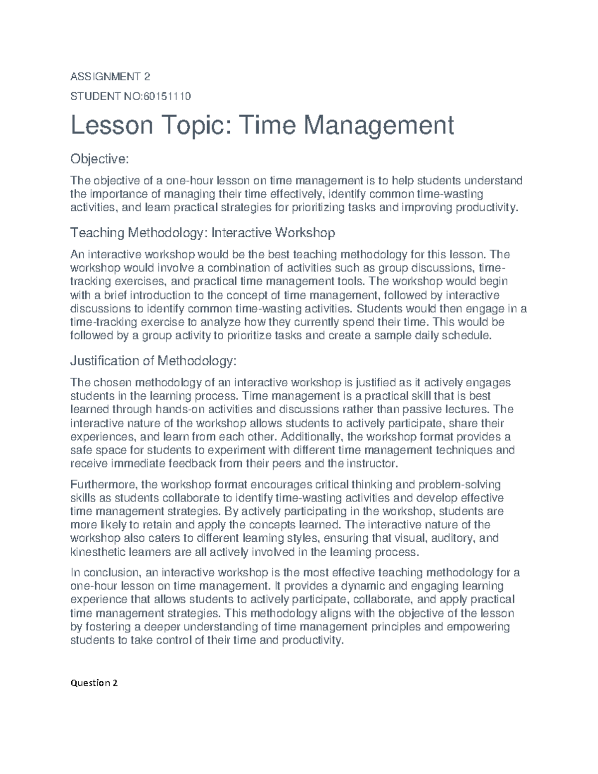 Assignment 2 TMN3703 - ASSIGNMENT 2 STUDENT NO: Lesson Topic: Time ...
