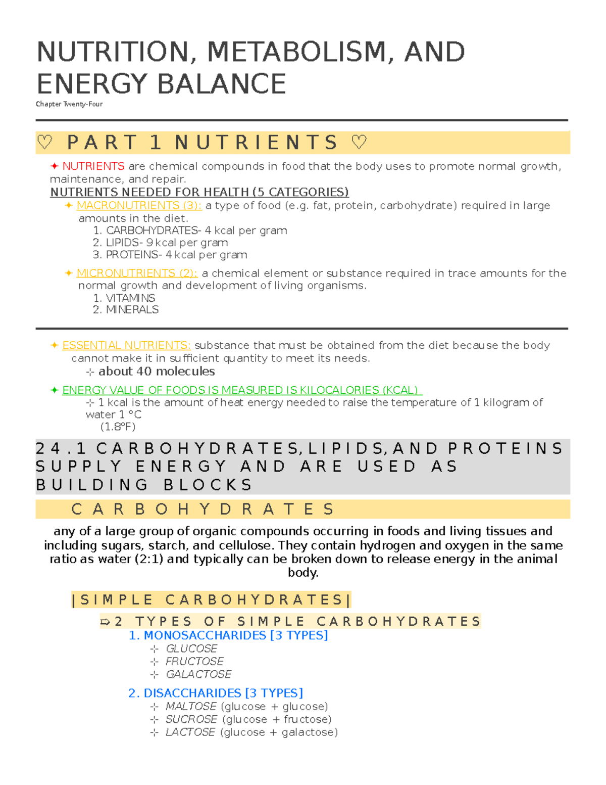 Nutrition - NUTRITION, METABOLISM, AND ENERGY BALANCE Chapter PART 1 ...