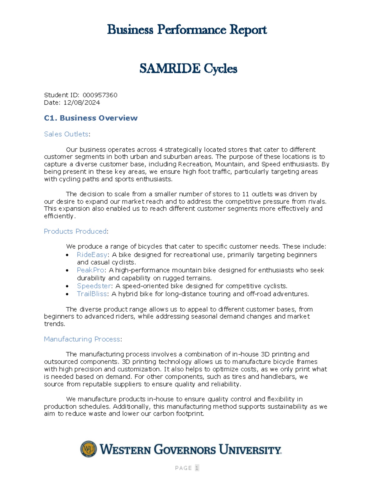 Business Performance Report Final - SAMRIDE Cycles Student ID ...