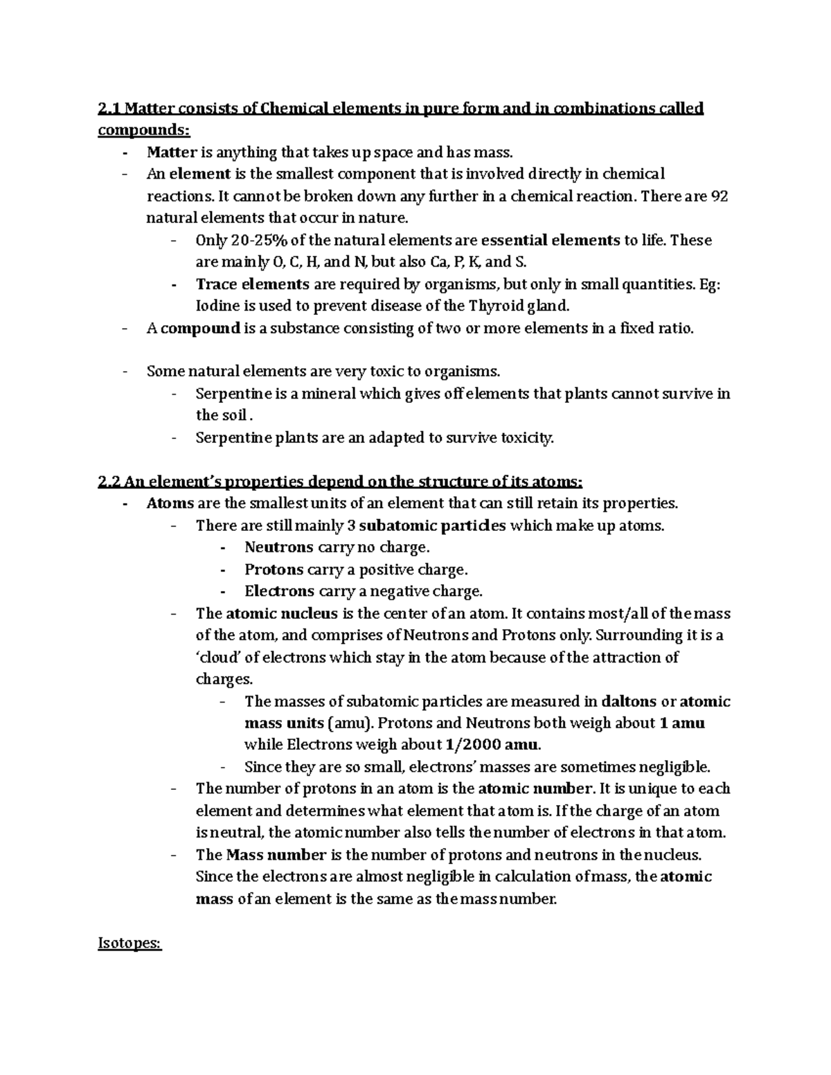 Chapter 2: Functional Bio - 2 Matter consists of Chemical elements in ...