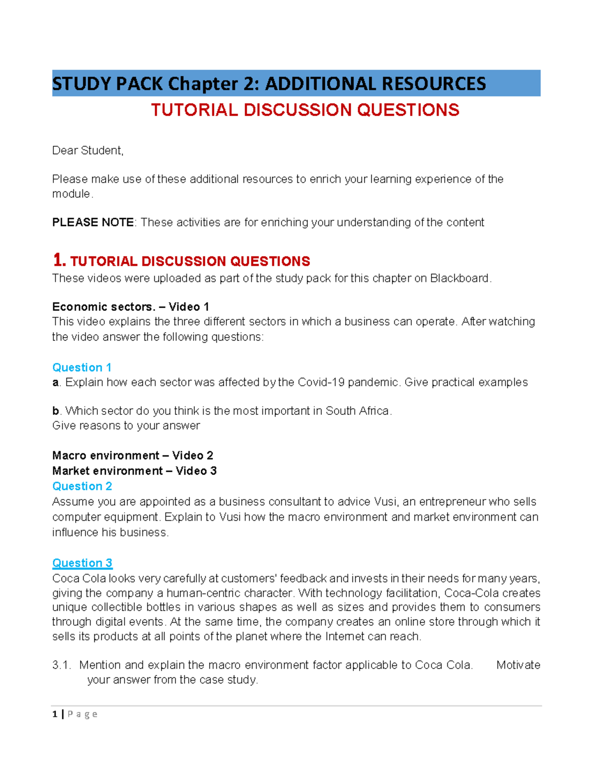 Additional resources chapter 2 Study pack Tutorial Discussion Questions ...