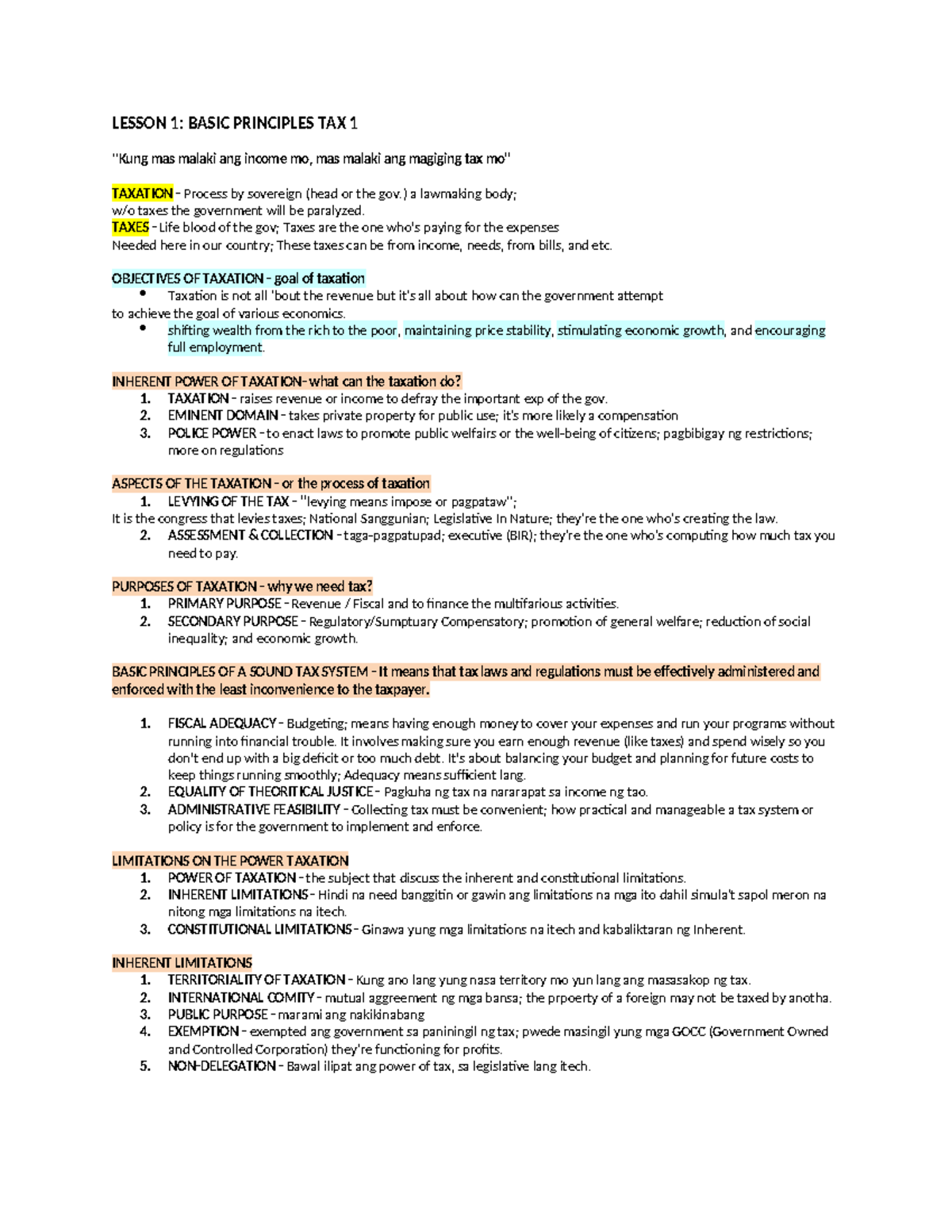 Lesson 1 - FSFSF - LESSON 1: BASIC PRINCIPLES TAX 1 ''Kung mas malaki ...