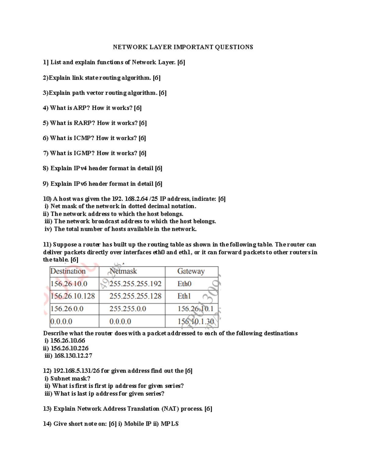Network Layer Important Questions - NETWORK LAYER IMPORTANT QUESTIONS 1 ...