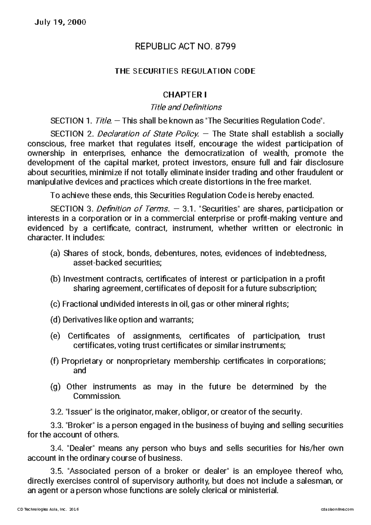 RA No. 8799 - The Securities Regulation Code - July 19, 2000July 19 ...