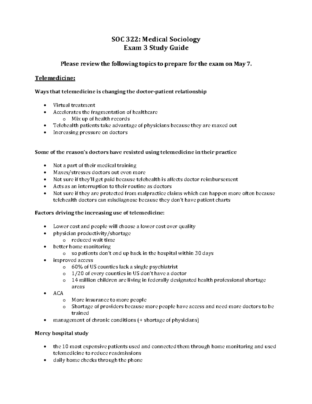 SOC 322 Exam 3 SG - STUDY GUIDE - SOC 322: Medical Sociology Exam 3 ...