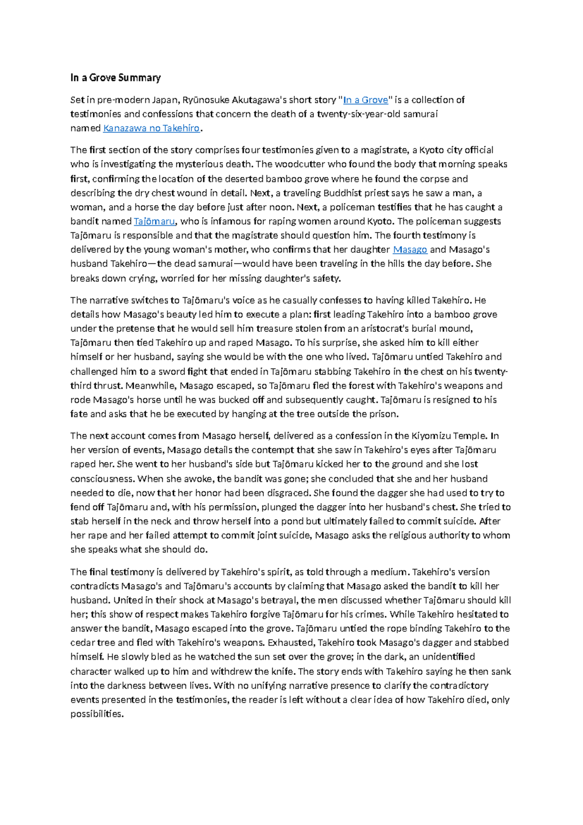 In a Grove Summary - In a Grove Summary Set in pre-modern Japan ...