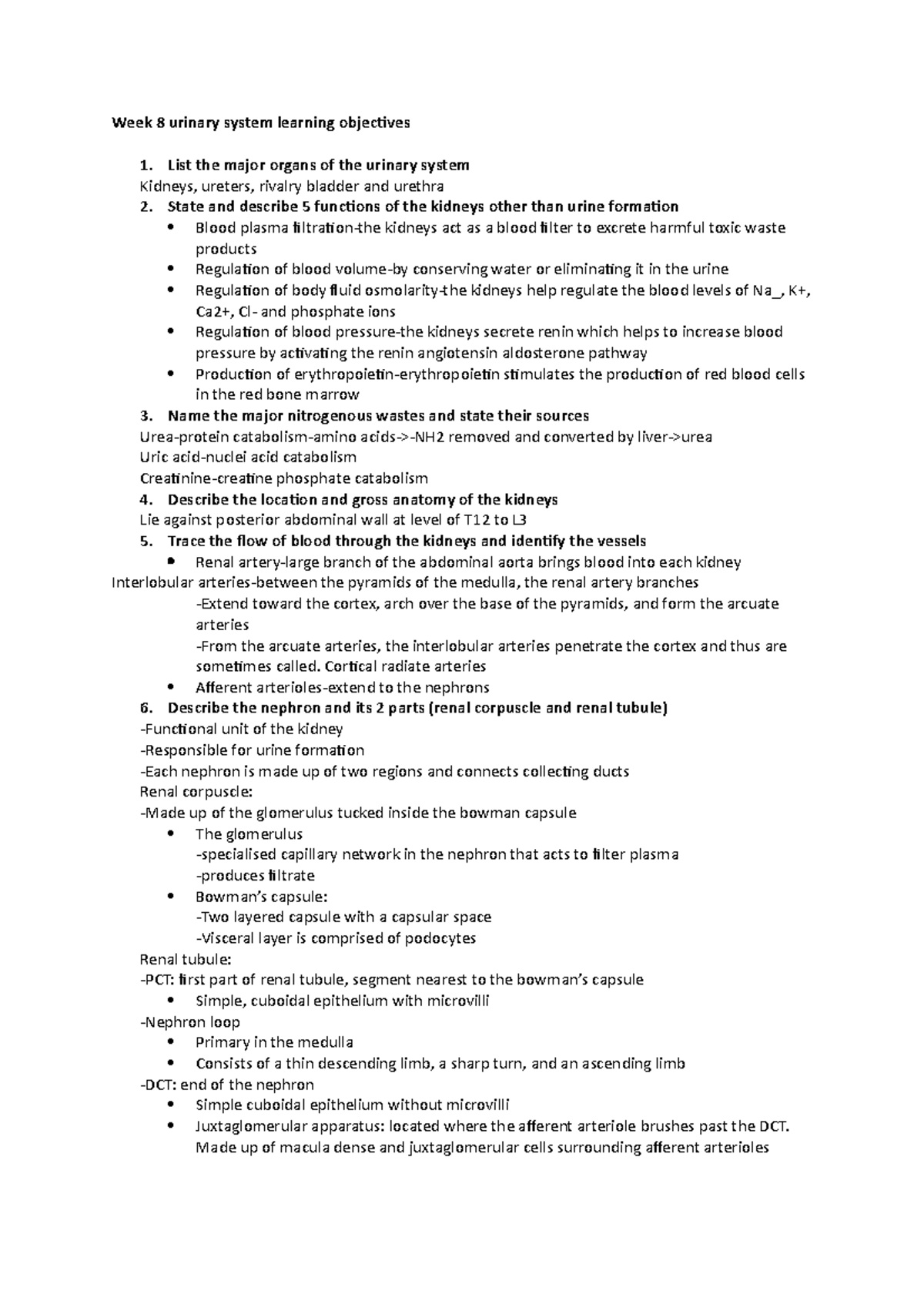 Week 8 urinary system learning objectives - List the major organs of ...