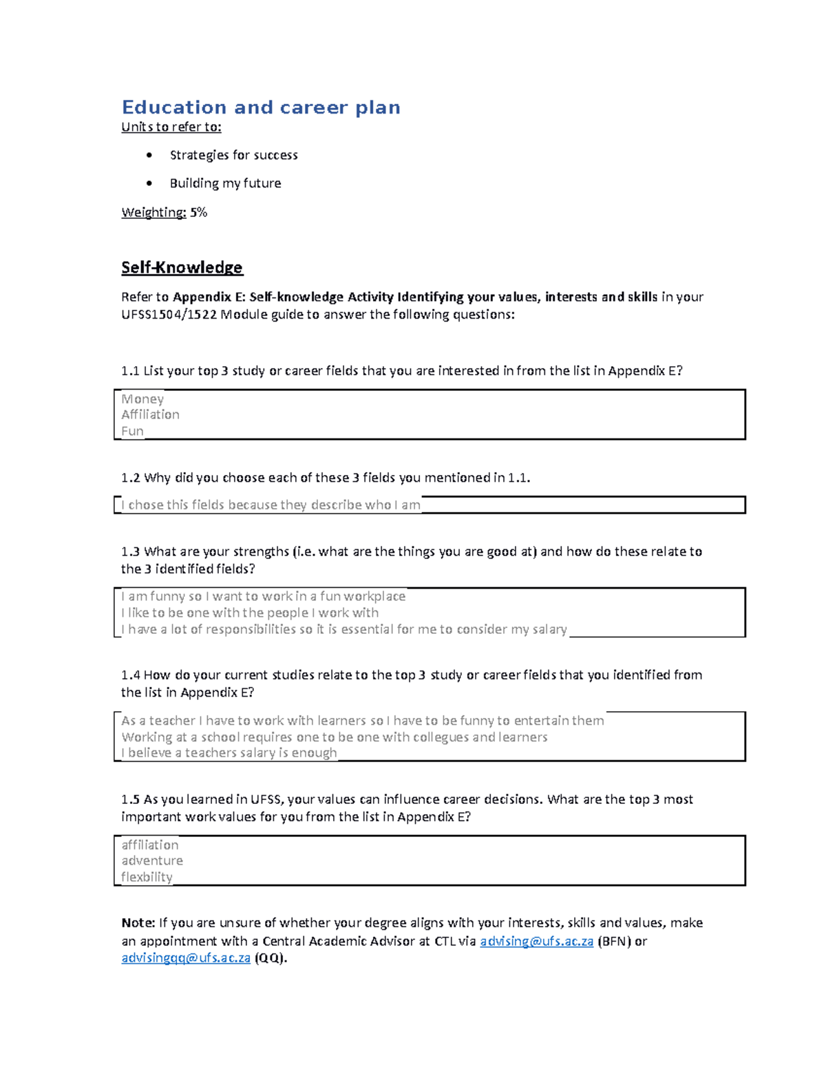 UFSS1504 Education and career plan worksheet Final - Education and ...