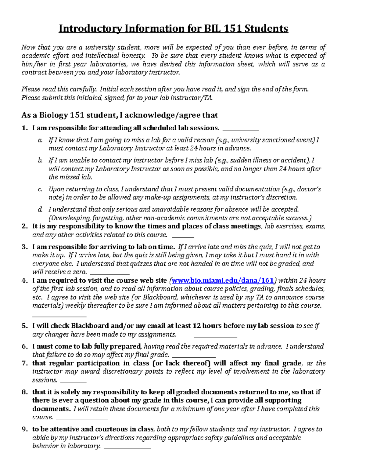 151 student contract - Introductory Information for BIL 151 Students ...