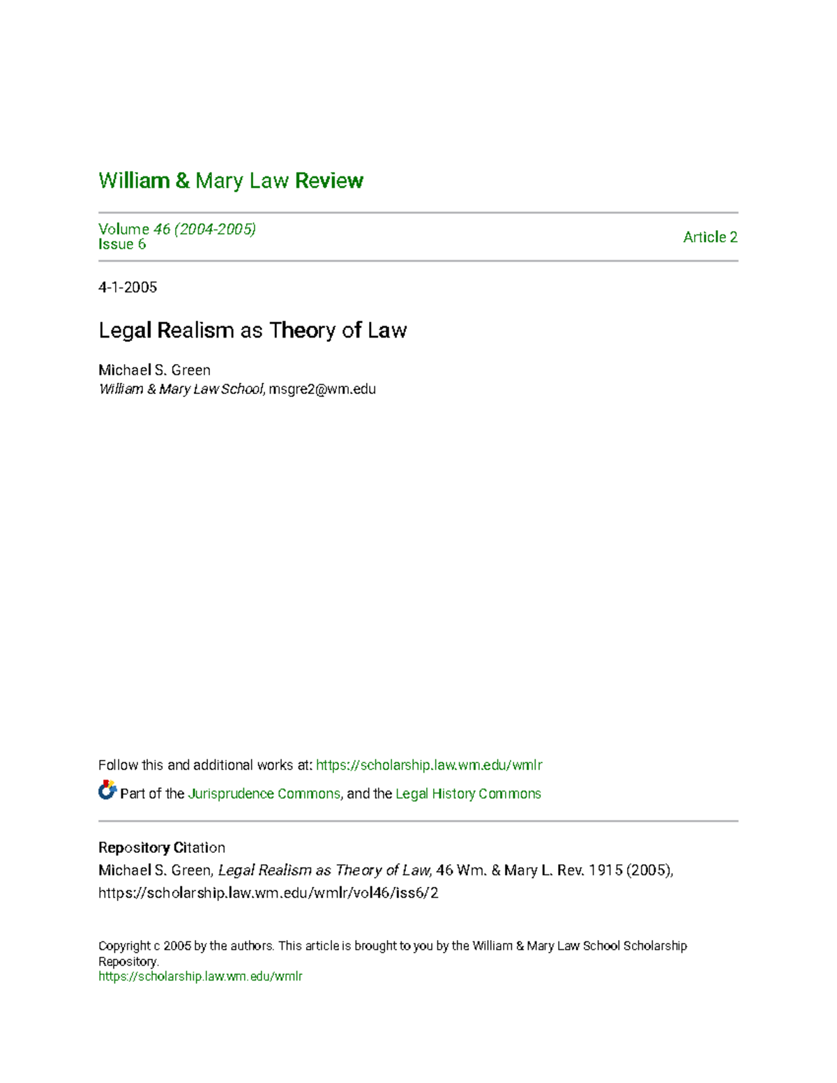 Legal Realism as Theory of Law - William & Mary Law Review William ...