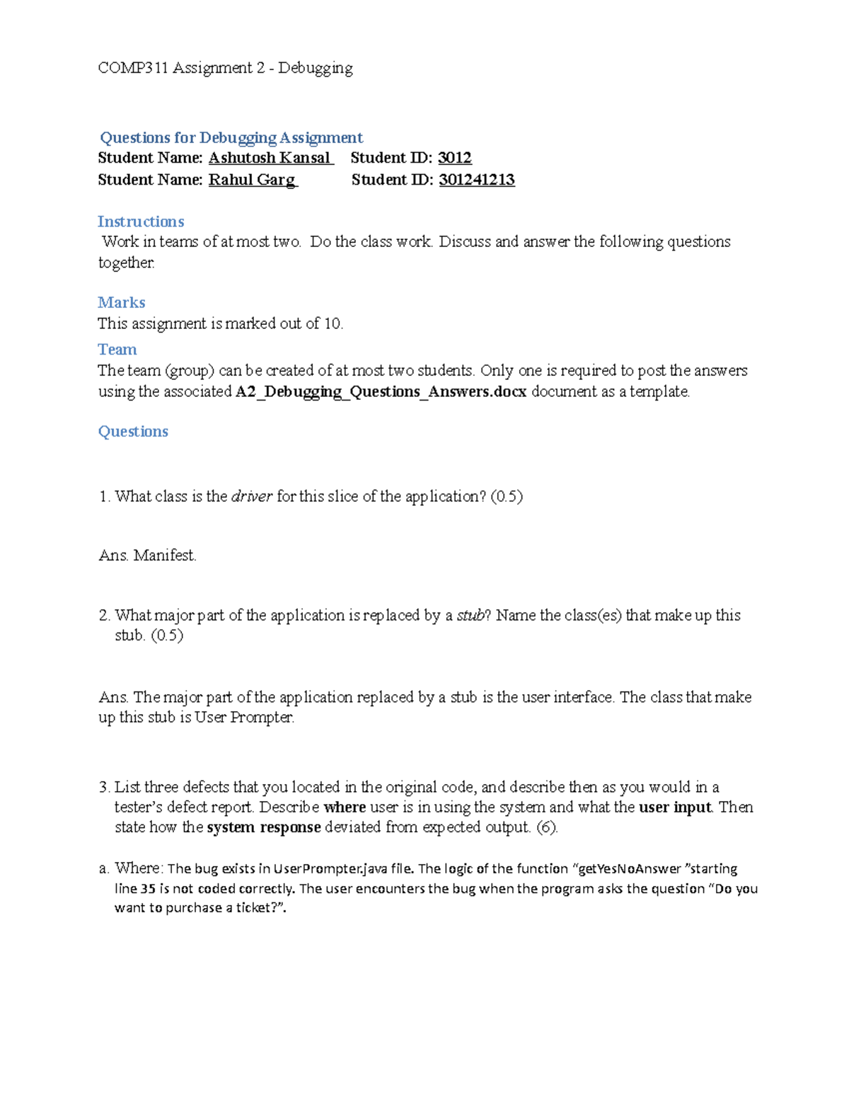 A2 Debugging Questions Answers Comp311 Assignment 2 Debugging Questions For Debugging