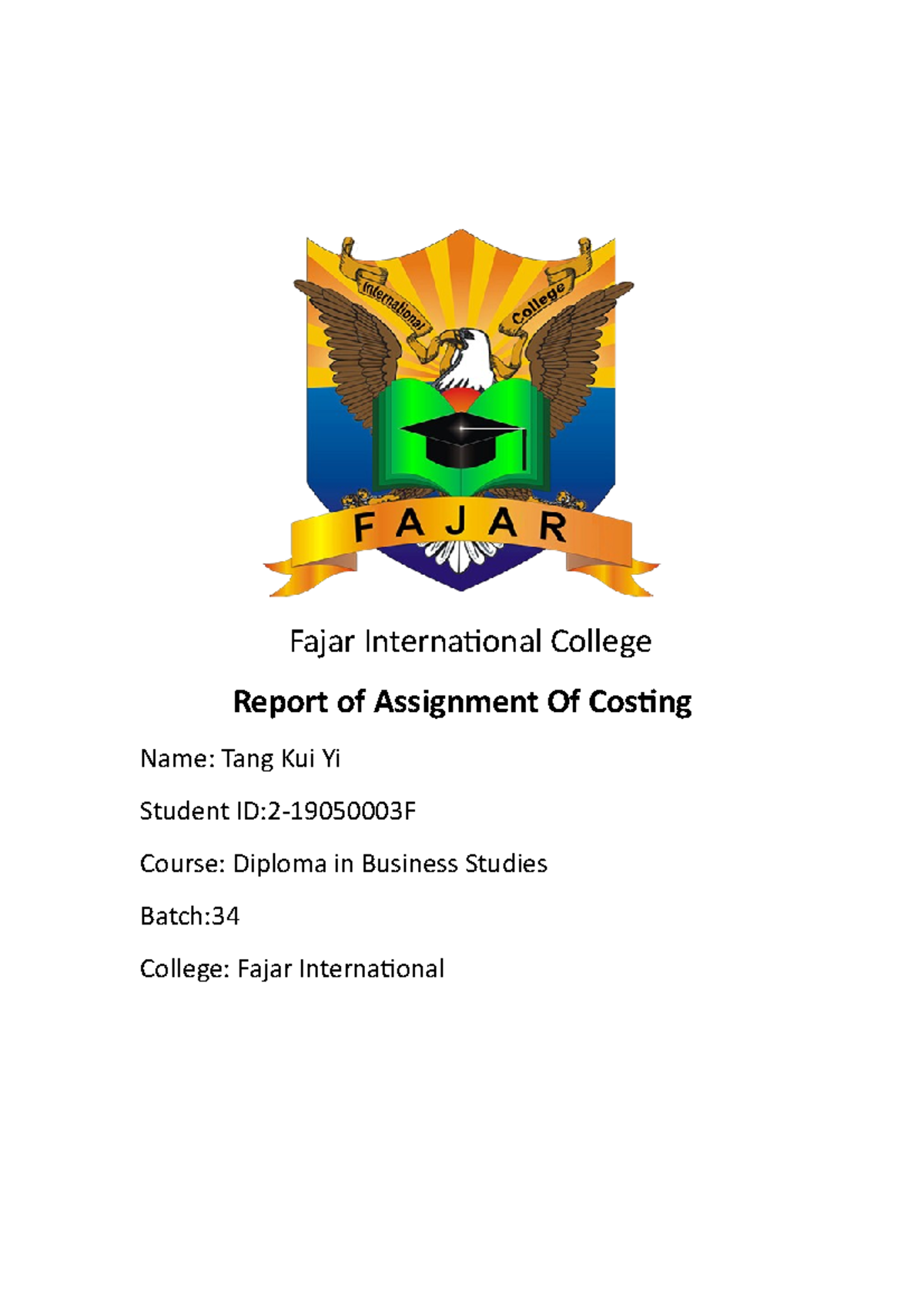 Assigment of costing asnwer sheet - Fajar International College Report ...