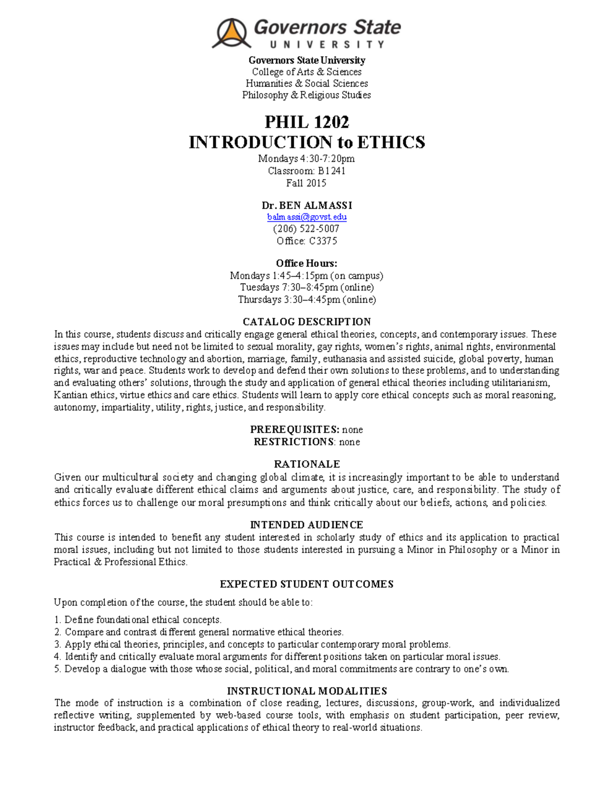 Introduction to Ethics - Governors State University College of Arts ...