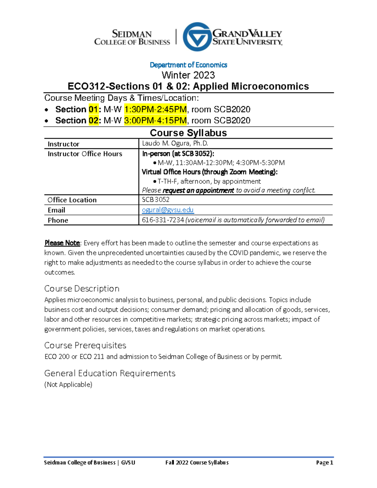 ECO312-Syllabus w2023 - Department of Economics Winter 2023 ECO312-Sections 01 & 02: Applied ...