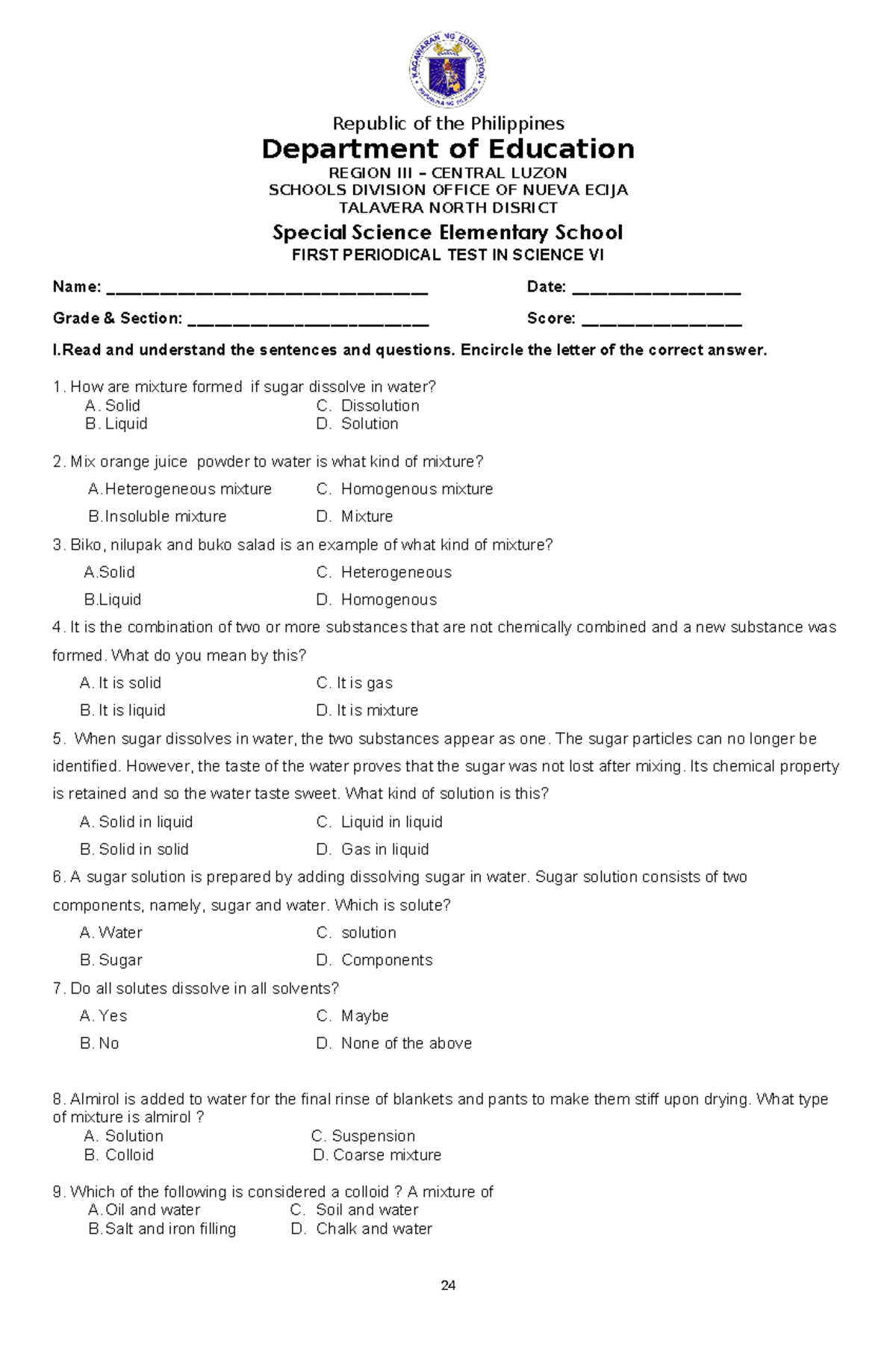 First Quarter Examination in Science VI SY 2022 2023 - Republic of the ...