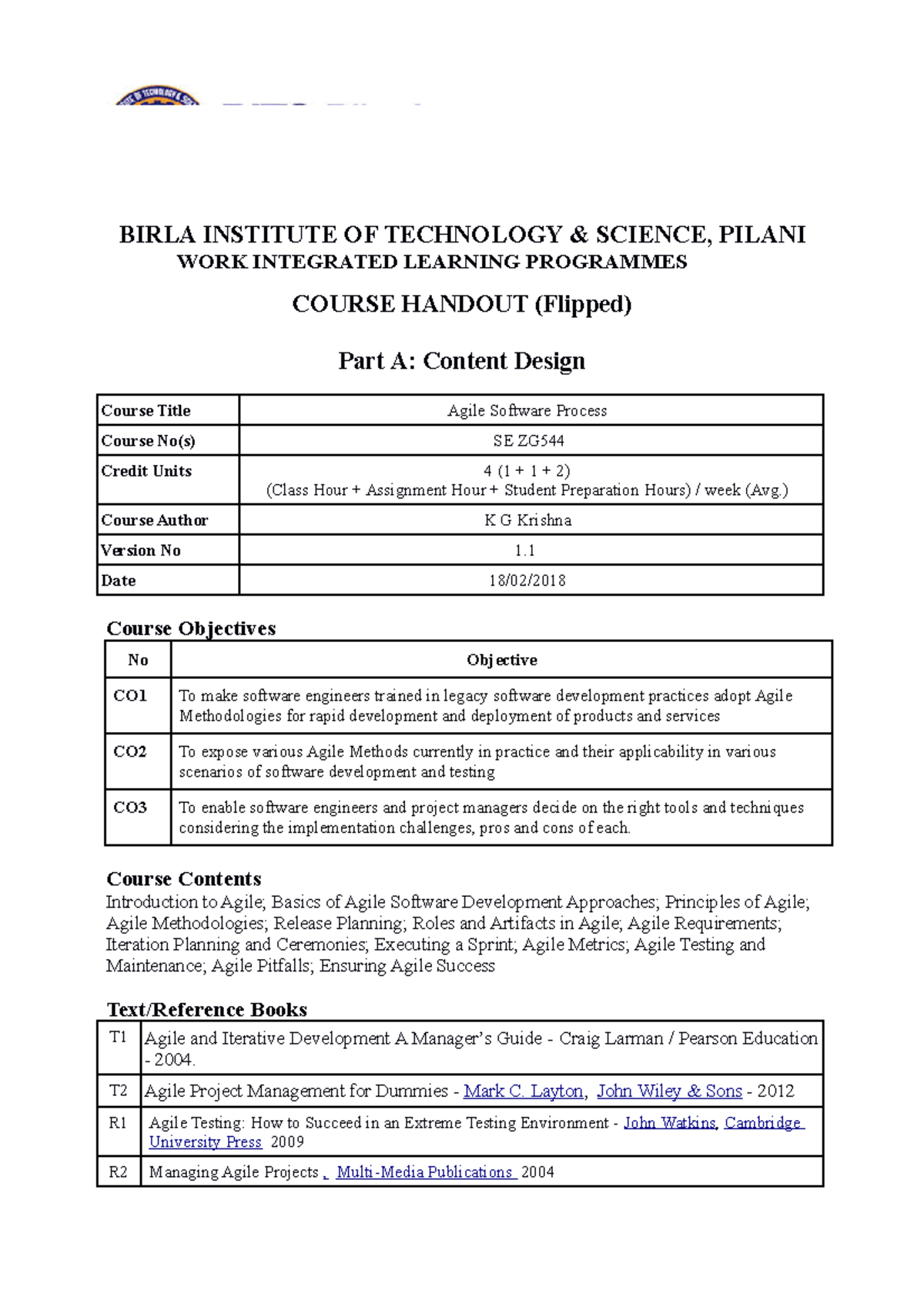 SE ZG544 Course Handout - BIRLA INSTITUTE OF TECHNOLOGY & SCIENCE, PILANI WORK INTEGRATED - Studocu