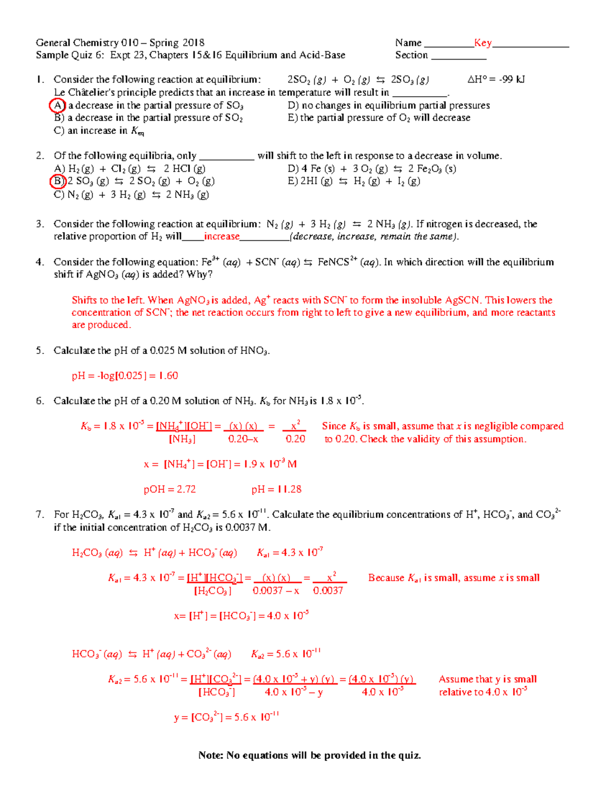 Sp18 Sample Quiz 6 - Chemical Equilibrium & Acid-Base - key - General ...