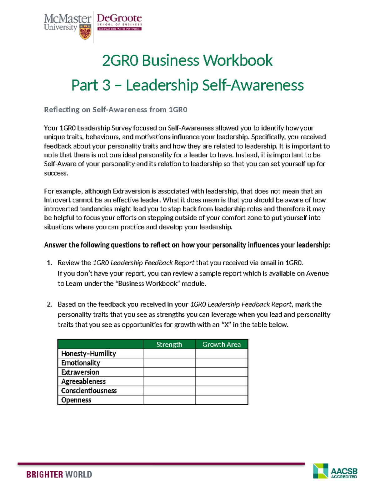 2GR0 Business Workbook Part 3 - Leadership Self-Awareness F24 - 2GR0 ...