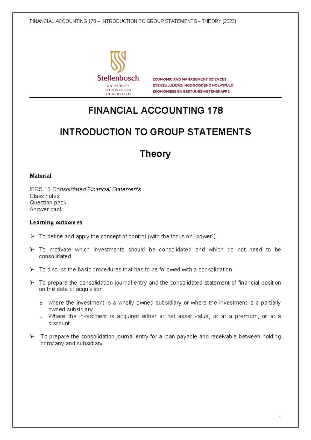 Group statements theory - FINANCIAL ACCOUNTING 178 INTRODUCTION TO ...
