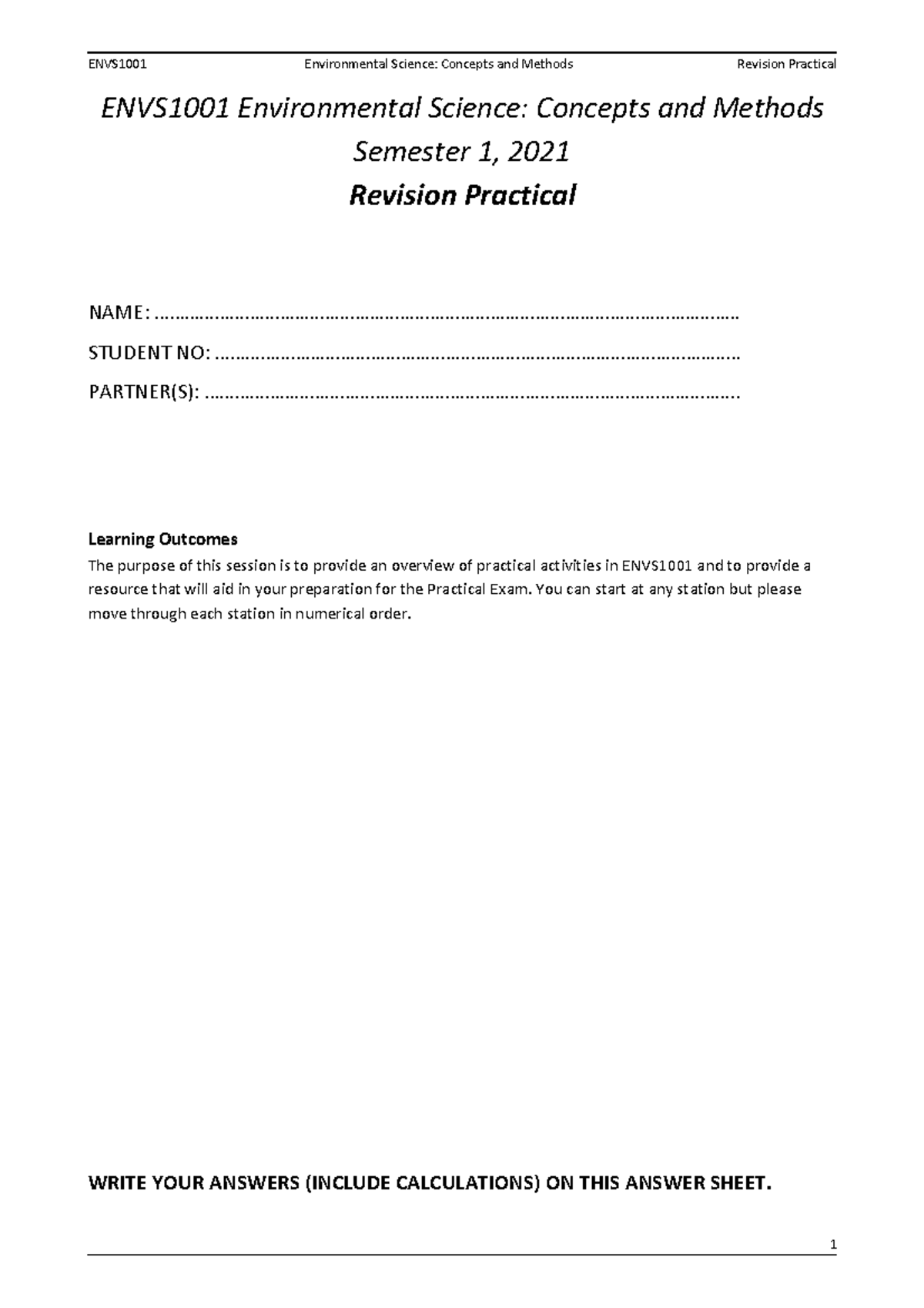 Revision Prac Report Sheets - ENVS1001 Environmental Science: Concepts ...