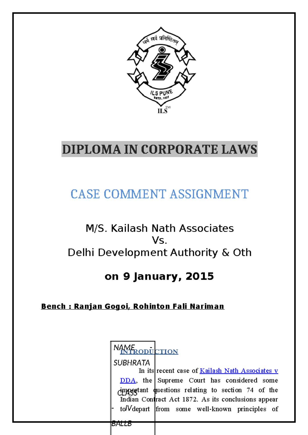 CASE Commentry - Summary BA-llb - DIPLOMA IN CORPORATE LAWS CASE ...
