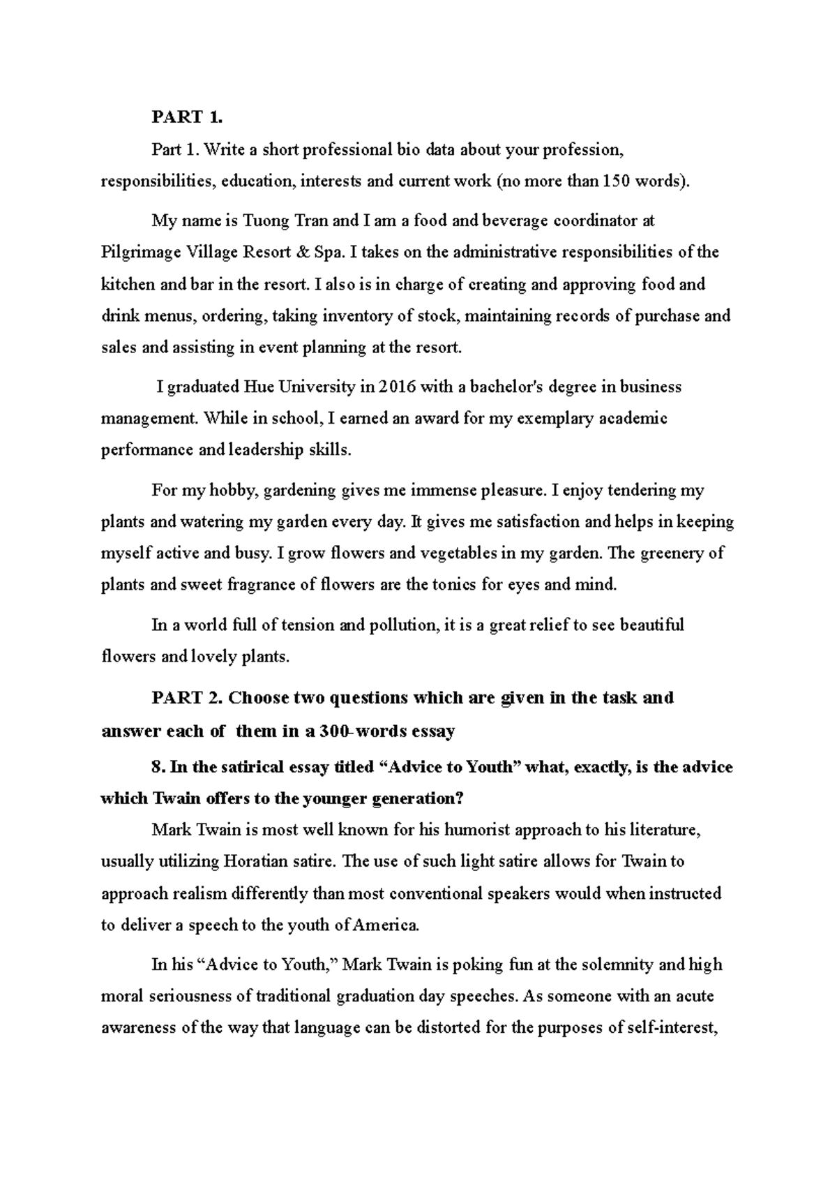 VAN HOC MY - SDF - PART 1. Part 1. Write a short professional bio data ...