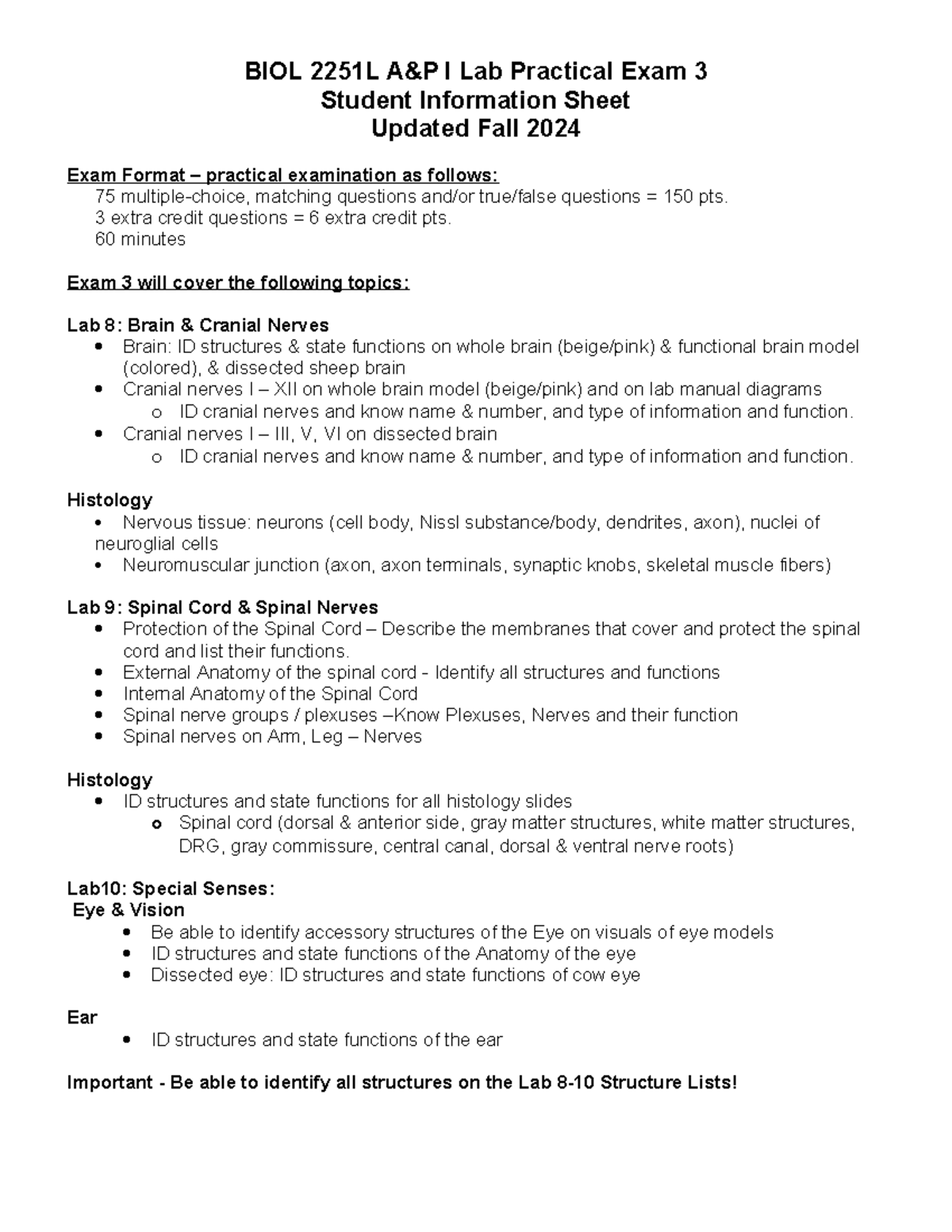 2251L Exam 3 Student Info Sheet - Fall24 - BIOL 2251L A&P I Lab ...