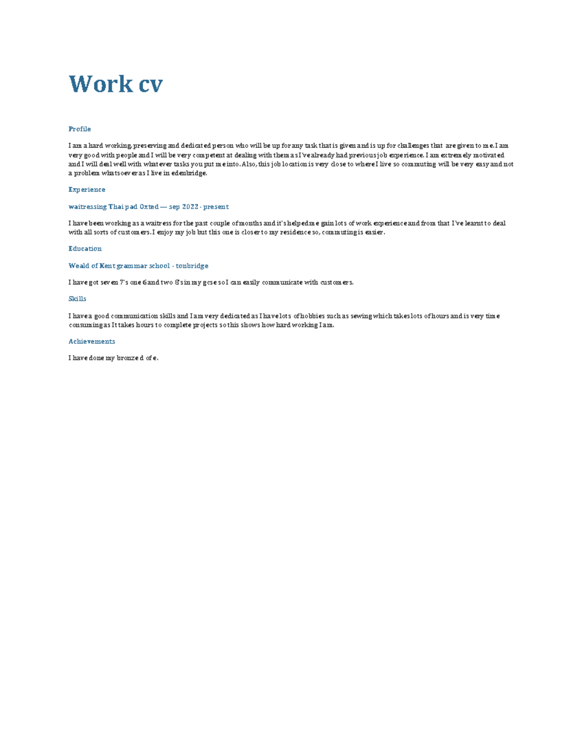 Work cv lidl word online version - Work cv Profile I am a hard working ...