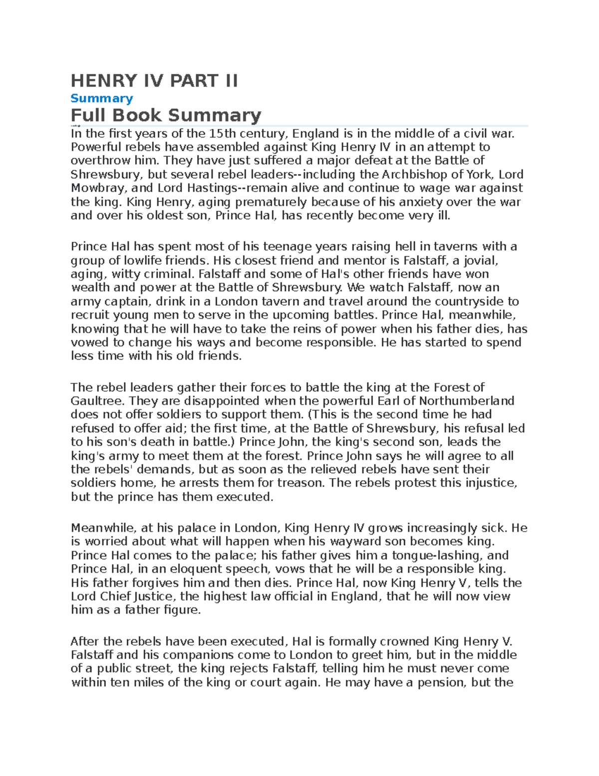 Henry IV PART II - Part II of Richard III - HENRY IV PART II Summary ...