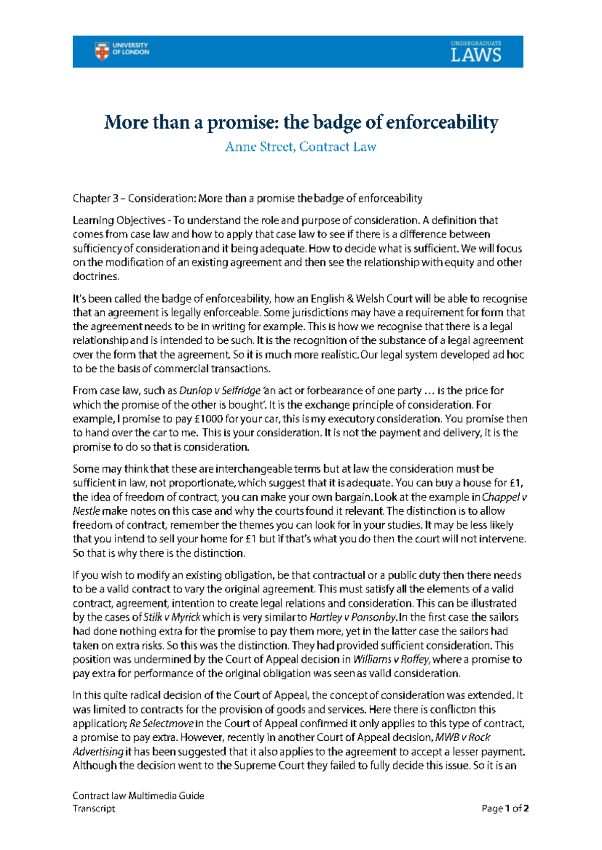 Contract - Consideration Transcript Chapter 3 - contract law - Studocu