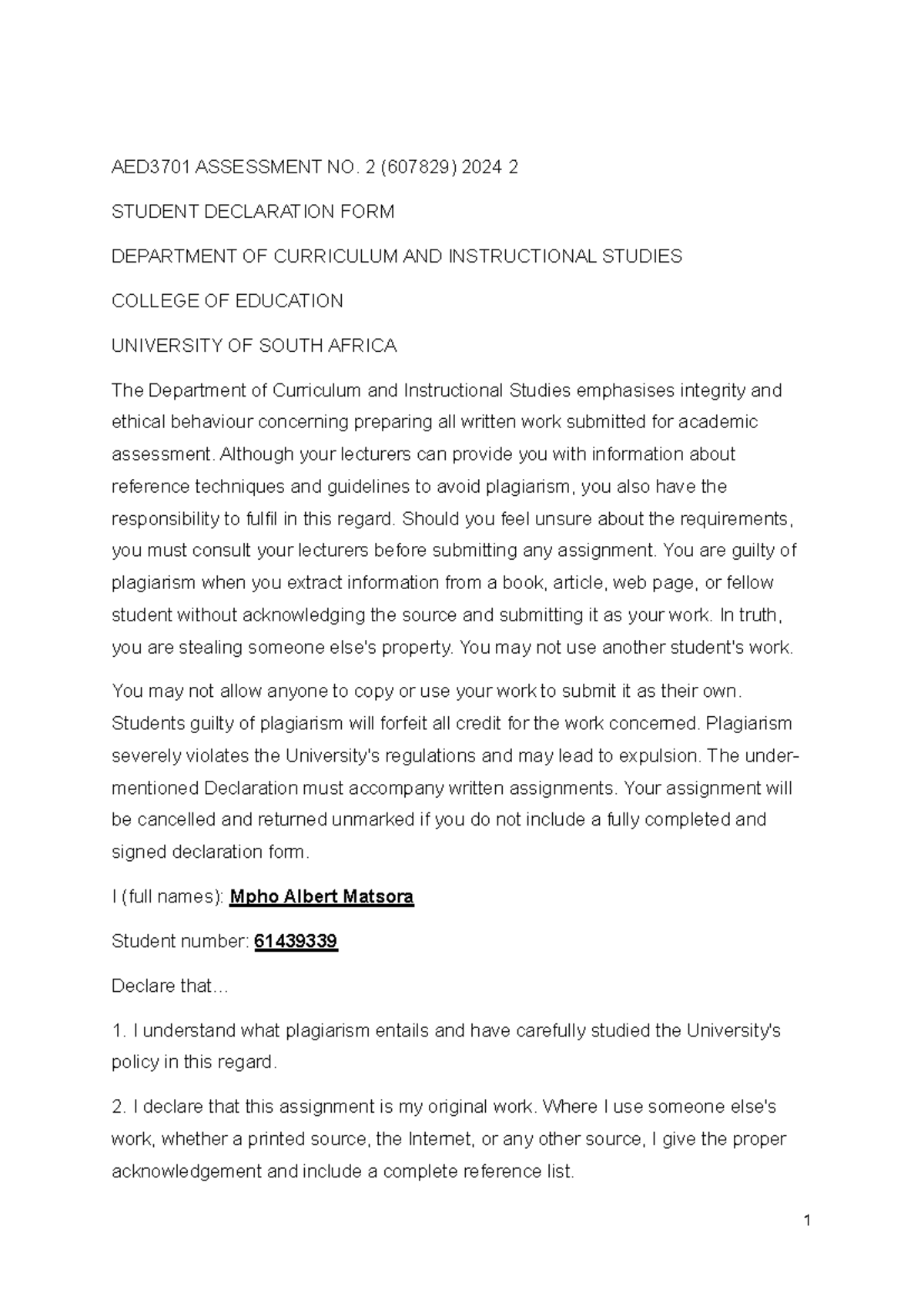 AED3701 Assignment 02 - AED3701 ASSESSMENT NO. 2 (607829) 2024 2 ...