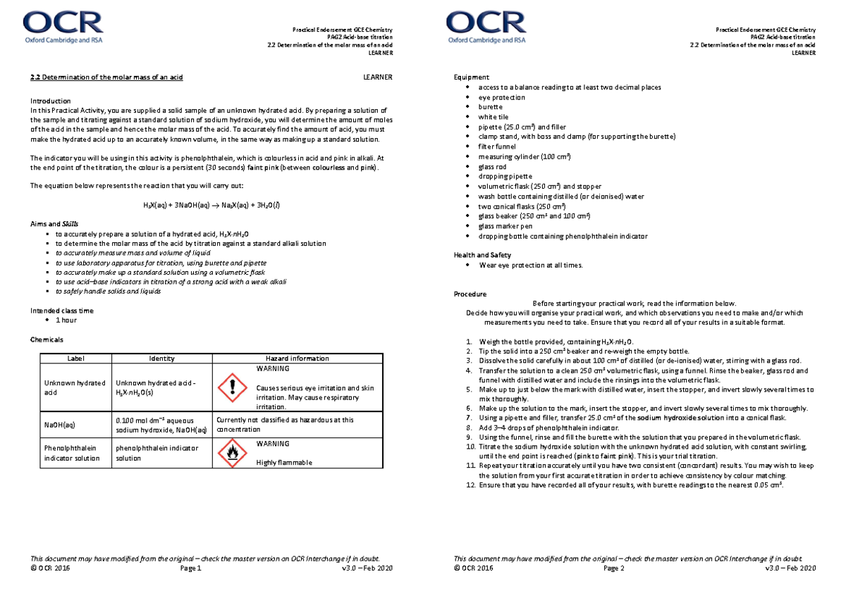 PAG2 - practical report - Practical Endorsement GCE Chemistry PAG2 Acid ...