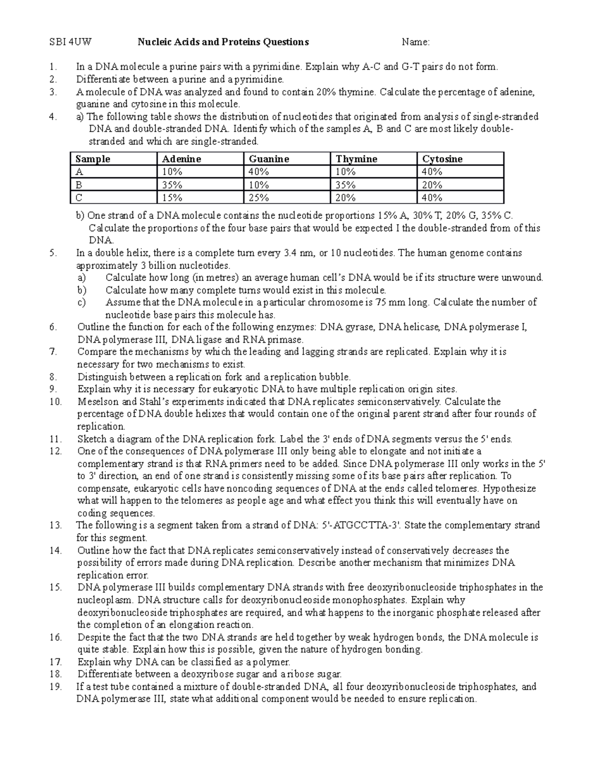 WS Nucleic Acids and Proteins Questions - Explain why A-C and G-T pairs ...
