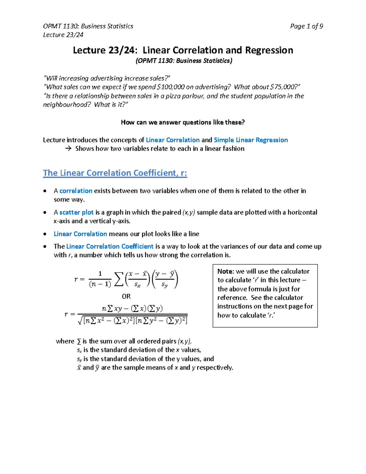 Lecture 23-24 Blank :No Solutions Version OPMT 1130 Business Statistics ...
