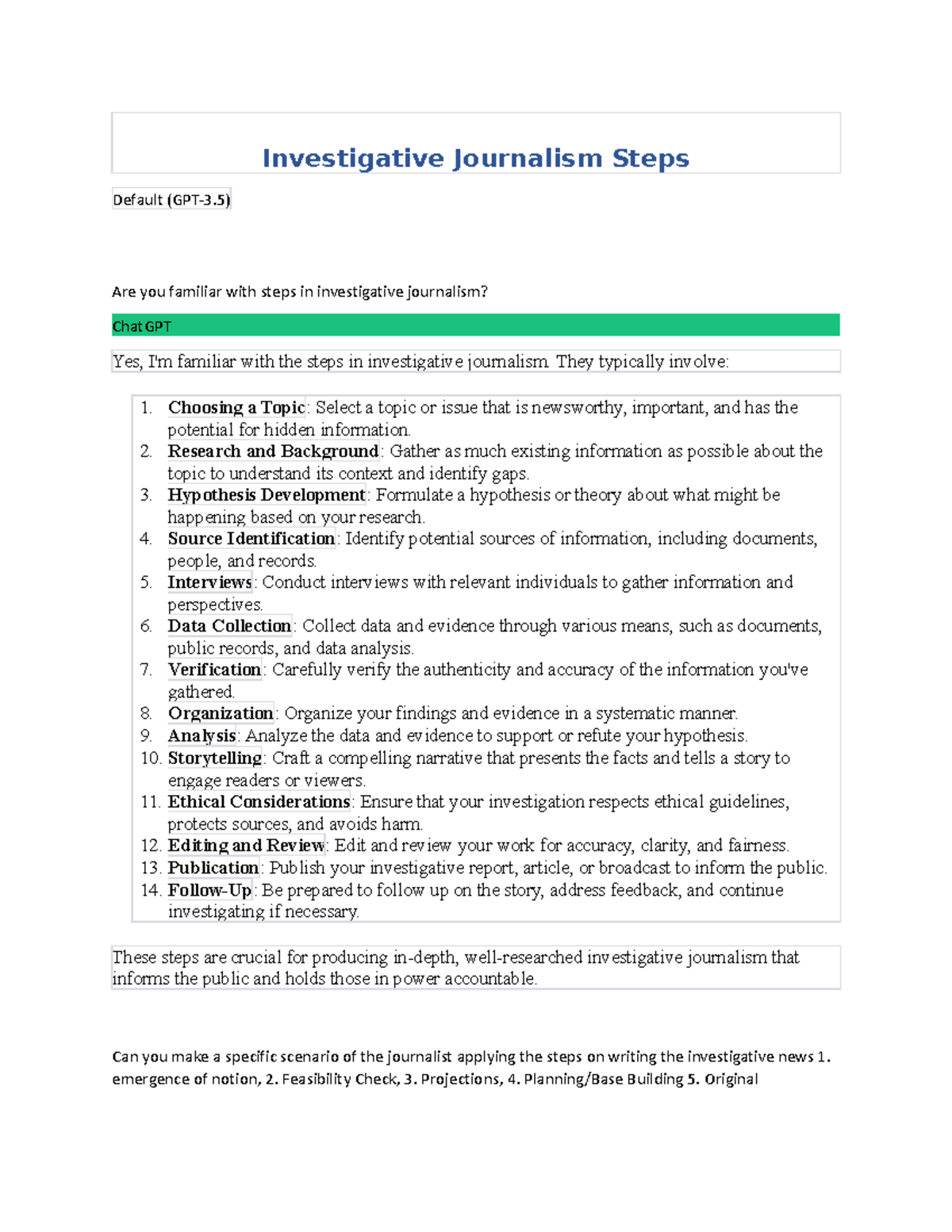 Journalism notes - Investigative Journalism Steps Default (GPT-3) Are ...