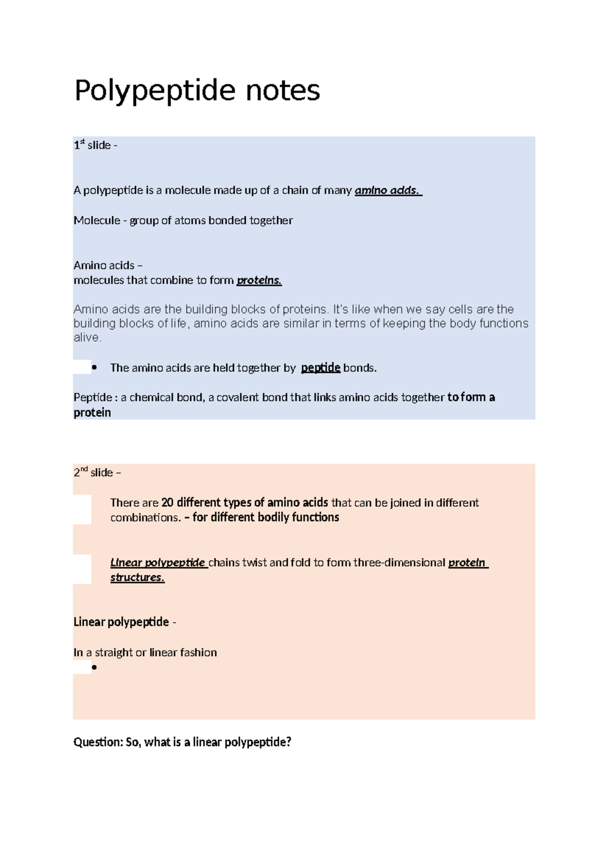 Polypeptide notes - biology module 5, inquiry 3 - Polypeptide notes 1 ...