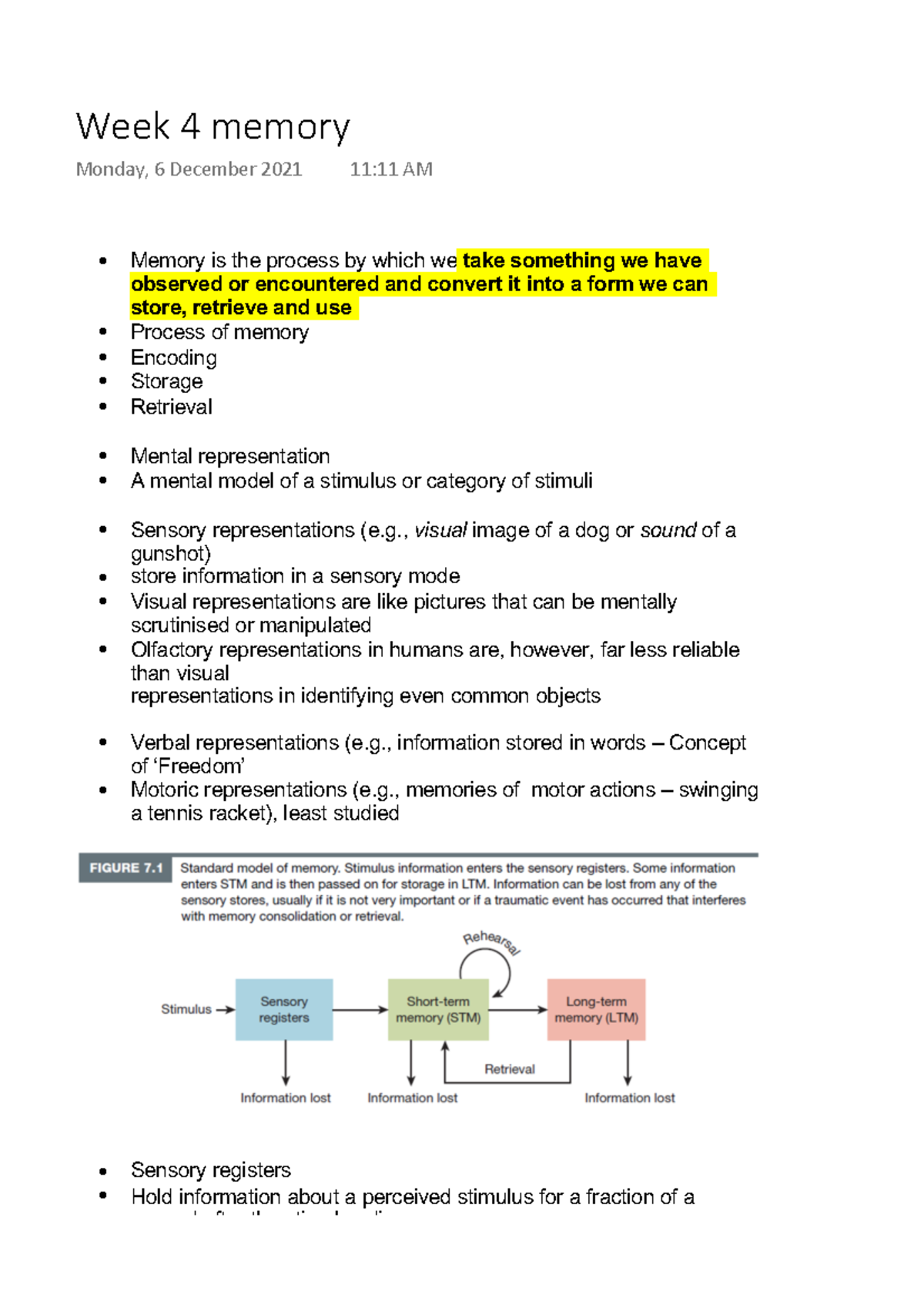 Week 4 Memory Lecture Notes Memory Is The Process By Which We Take Something We Have