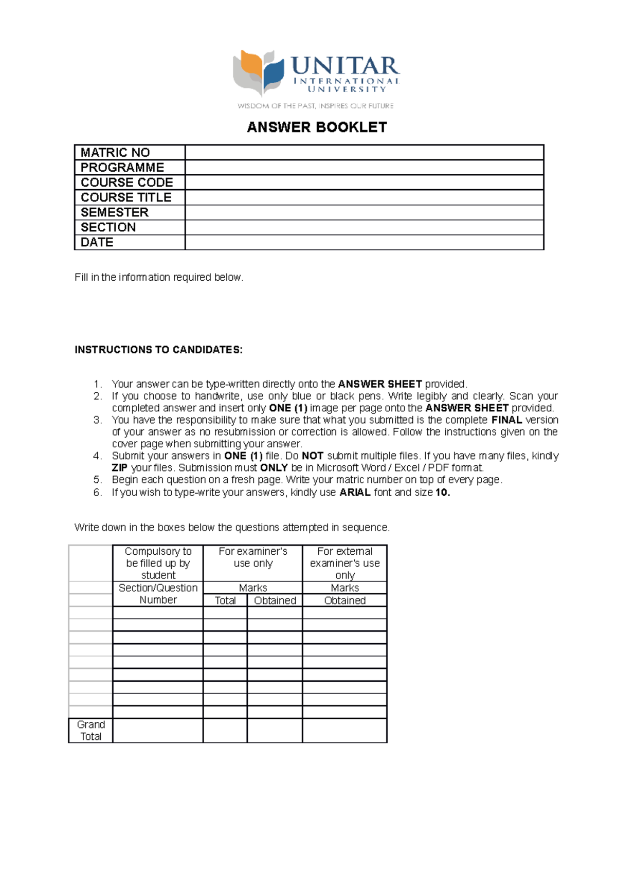 Object Oriented Programming Answer Booklet Matric No Programme Course