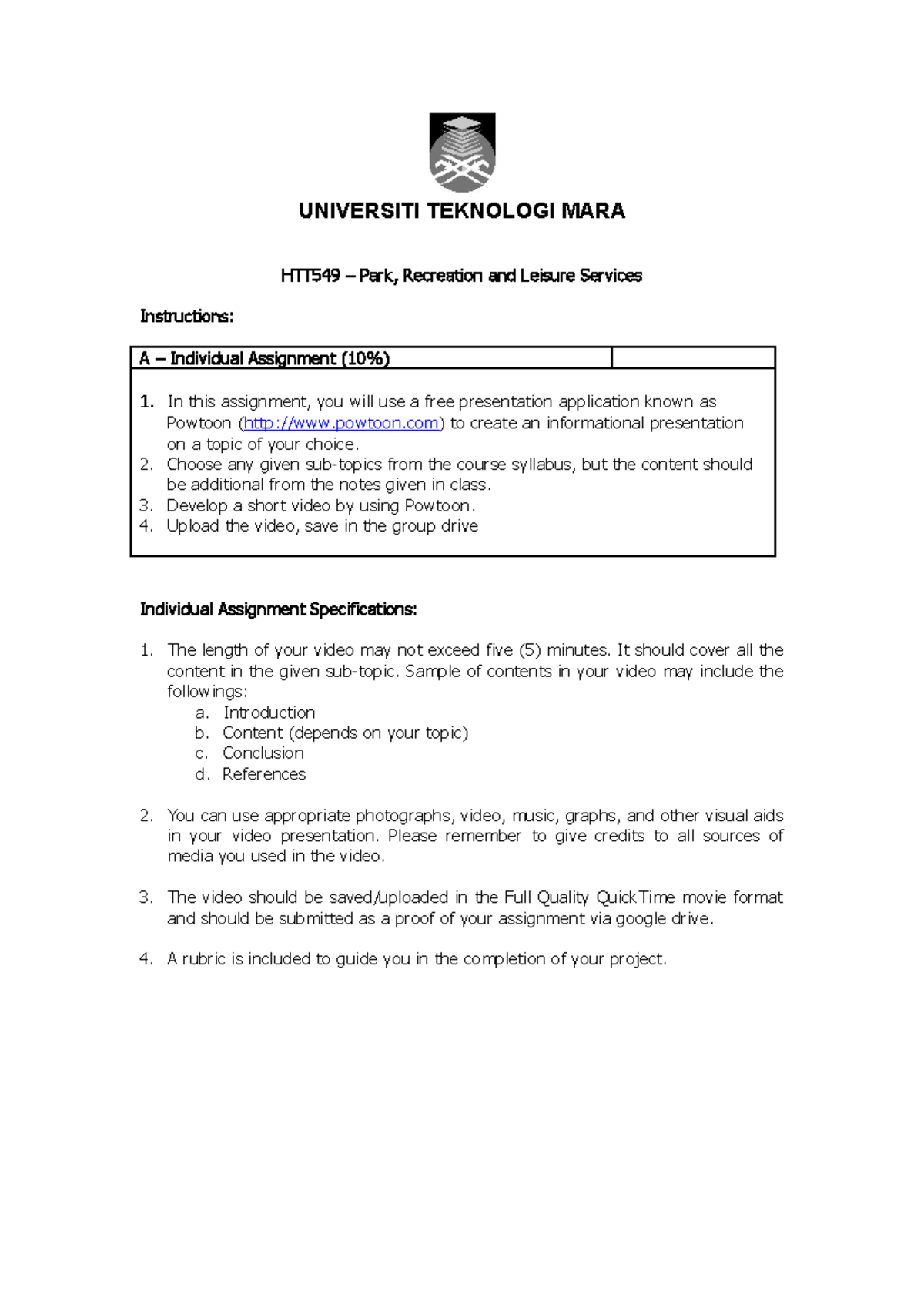 ODL HTT549 - Individual Assignment and rubrics ( March 2022 ...