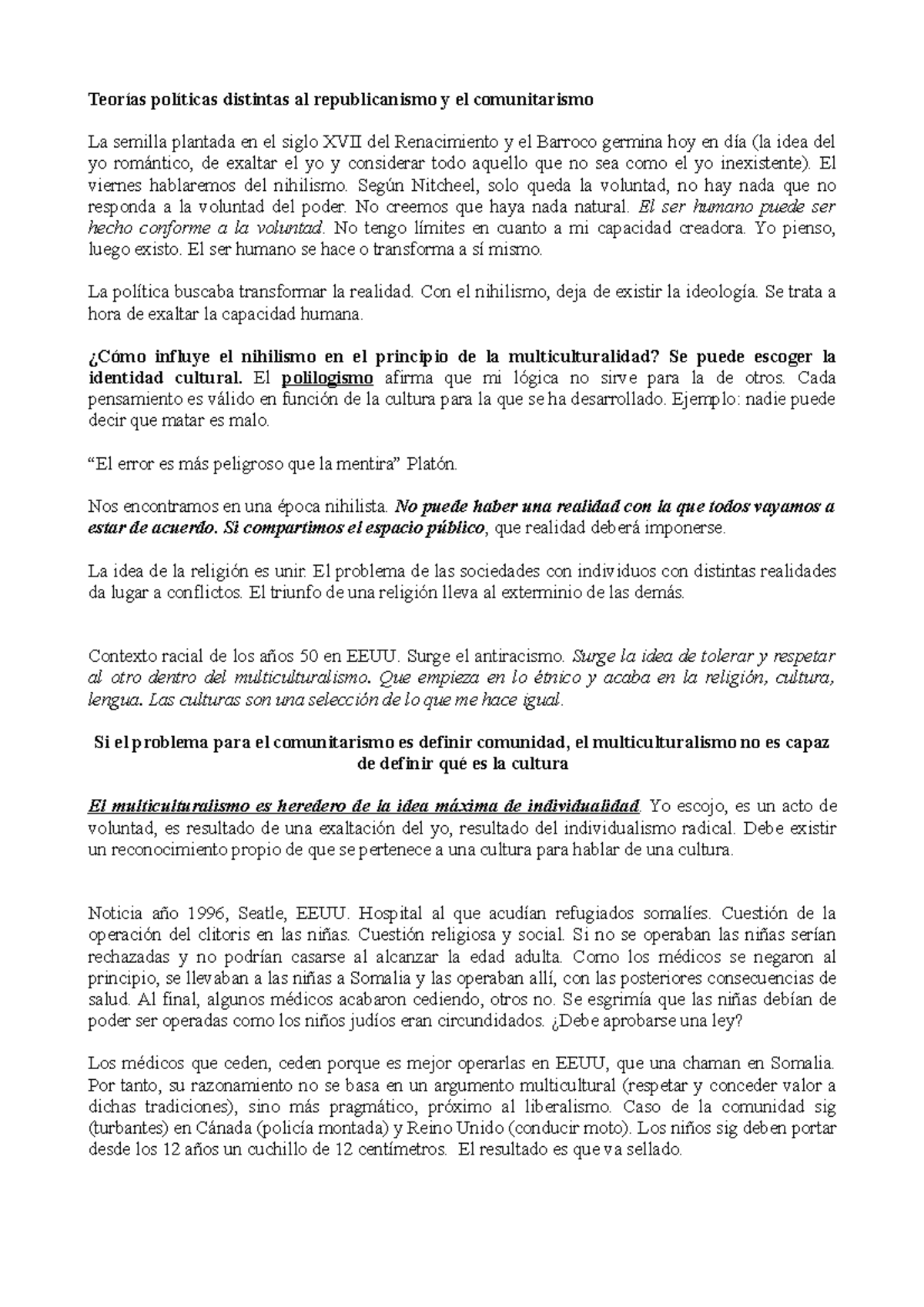 Apuntes Multiculturalismo - Teorías políticas distintas al ...