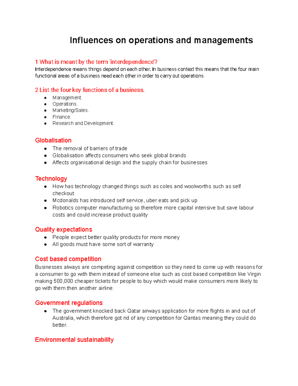 Business notes - Influences on operations and managements 1 What is ...