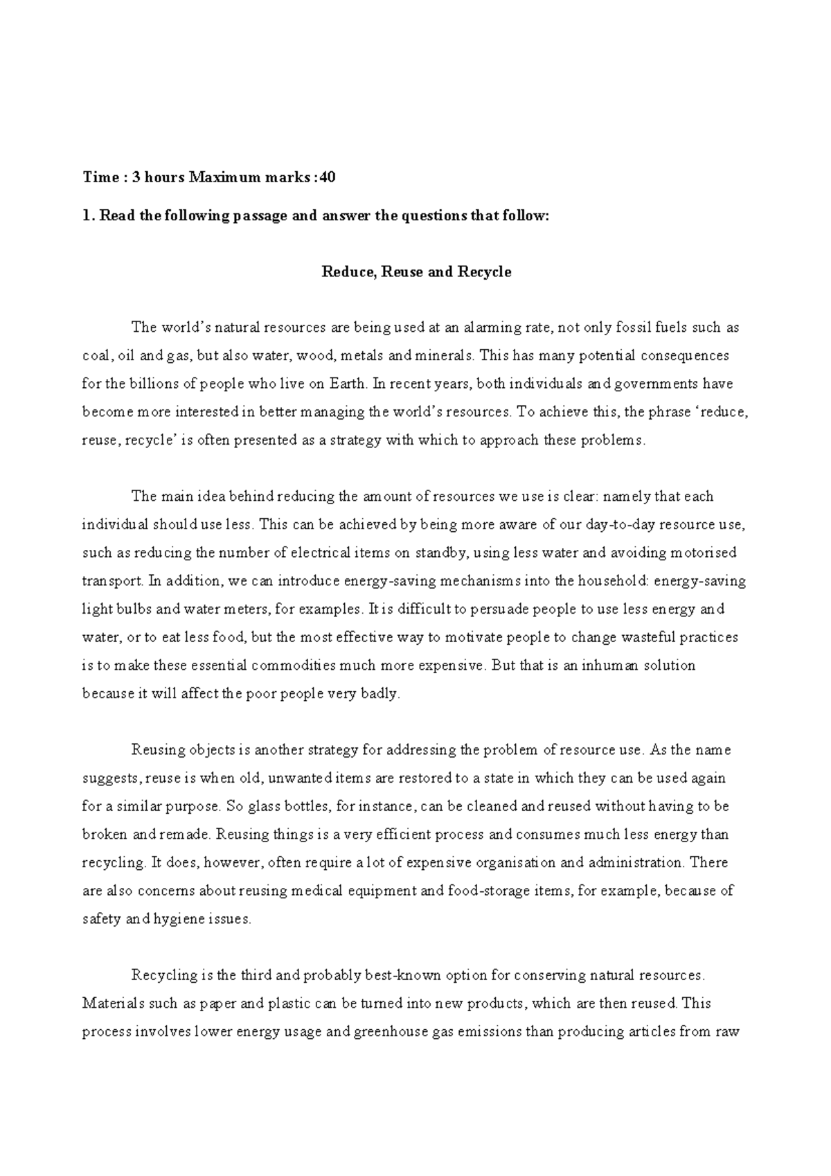 Model question paper - Time : 3 hours Maximum marks : 1. Read the following passage and answer ...