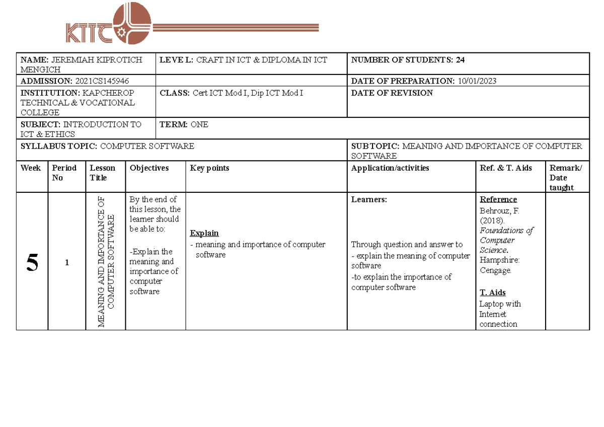 Computer software - lecture - NAME: JEREMIAH KIPROTICH MENGICH LEVE L ...