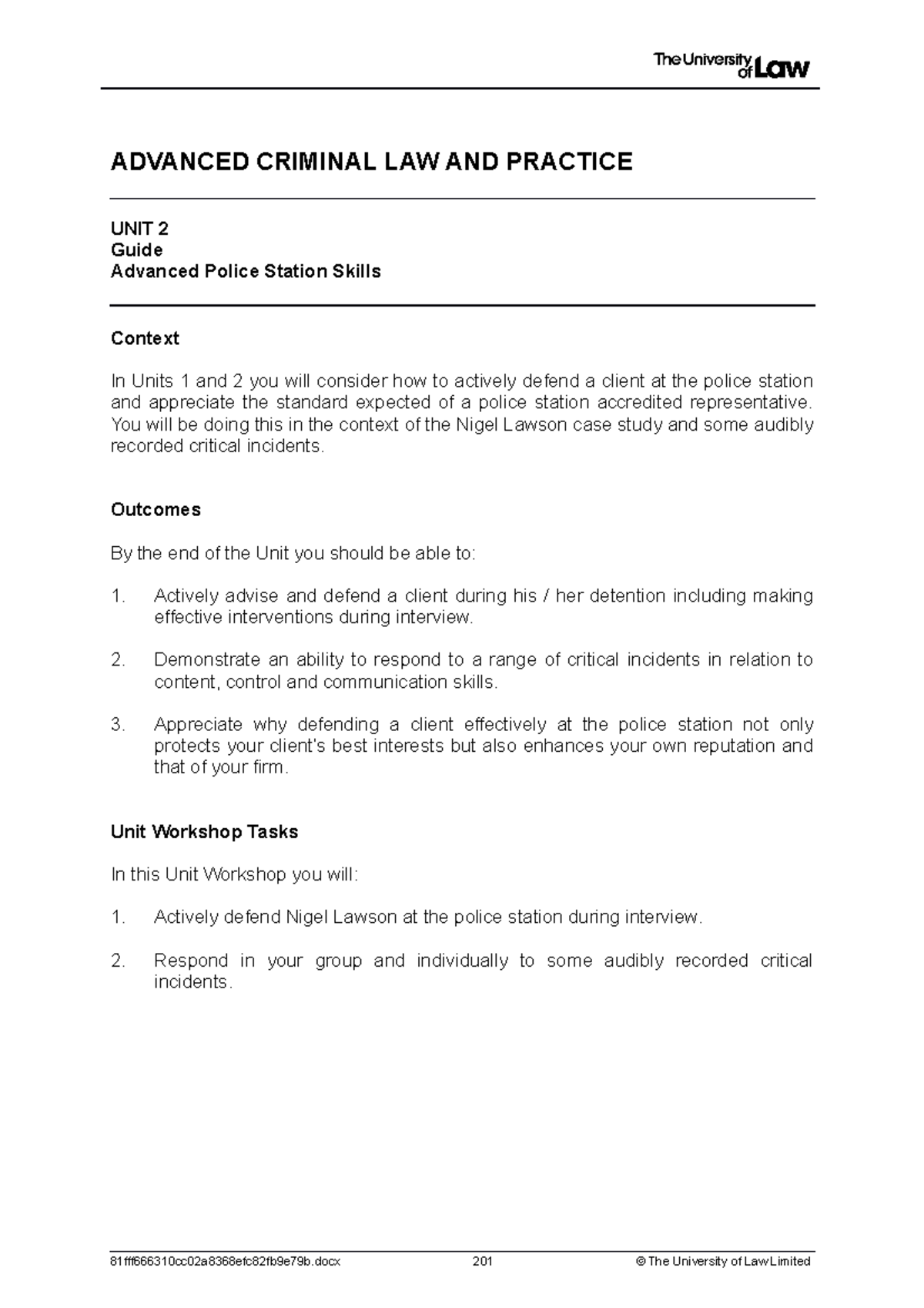 Criminal law w2 - workshop 2 - ADVANCED CRIMINAL LAW AND PRACTICE UNIT ...