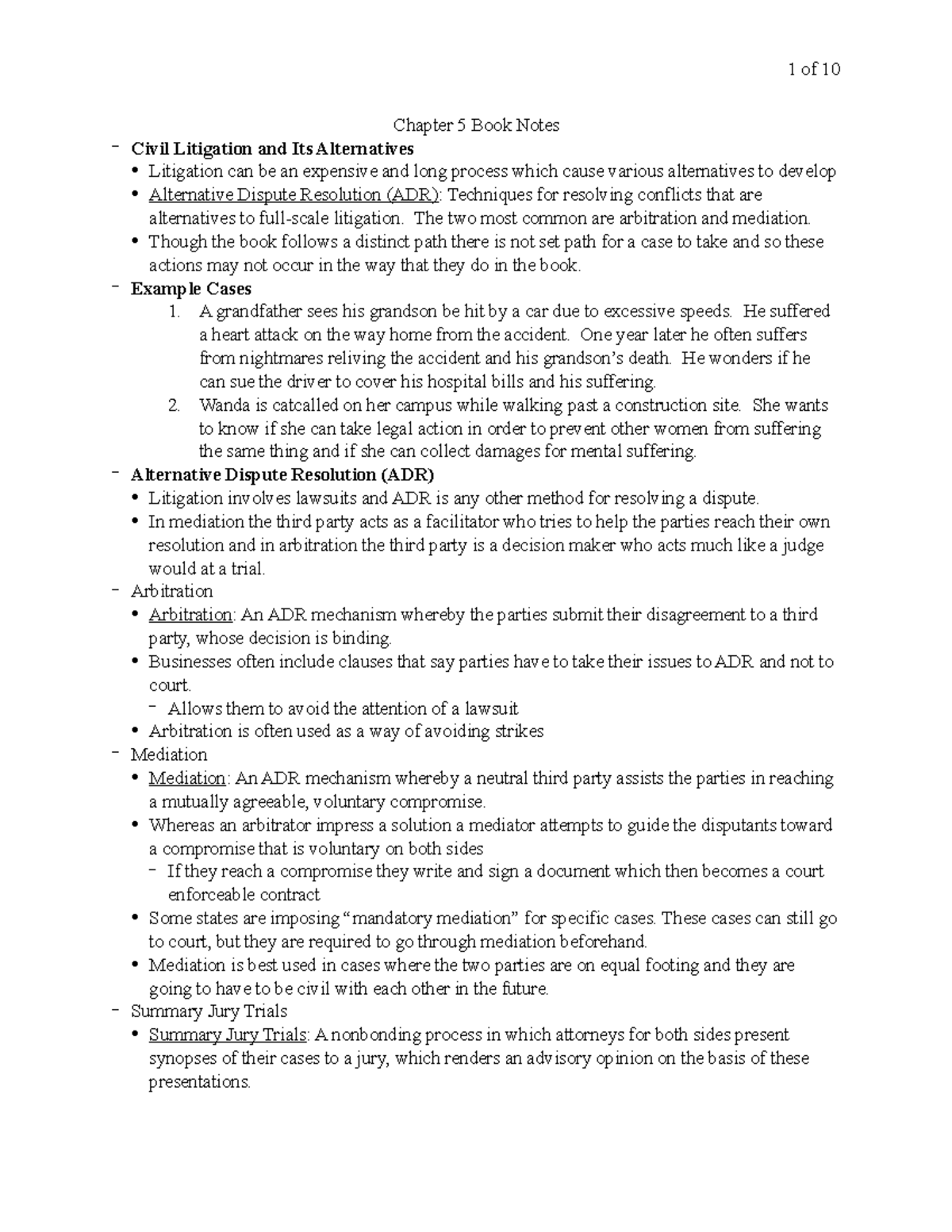 Chapter 5 Book Notes - 1! of !10 Chapter 5 Book Notes Civil Litigation ...