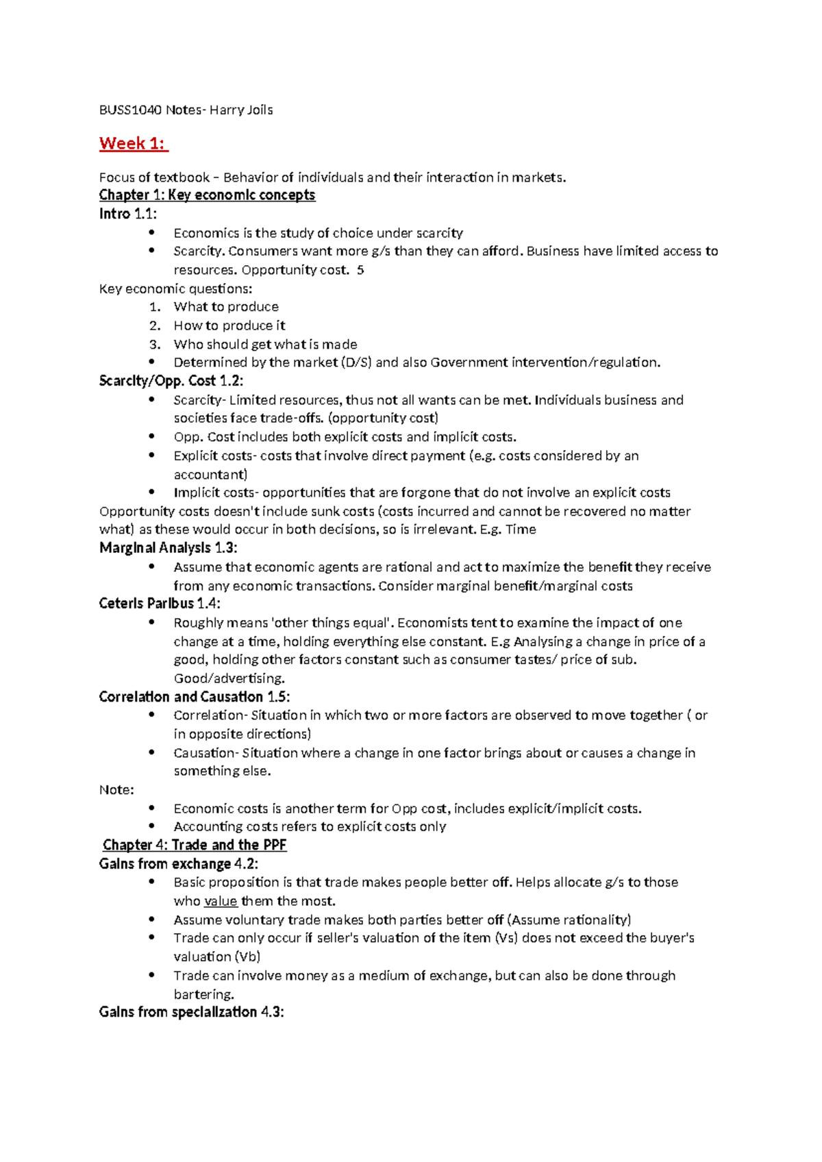 BUSS1040 Notes - Chapter 1: Key economic concepts Intro 1: Economics is ...