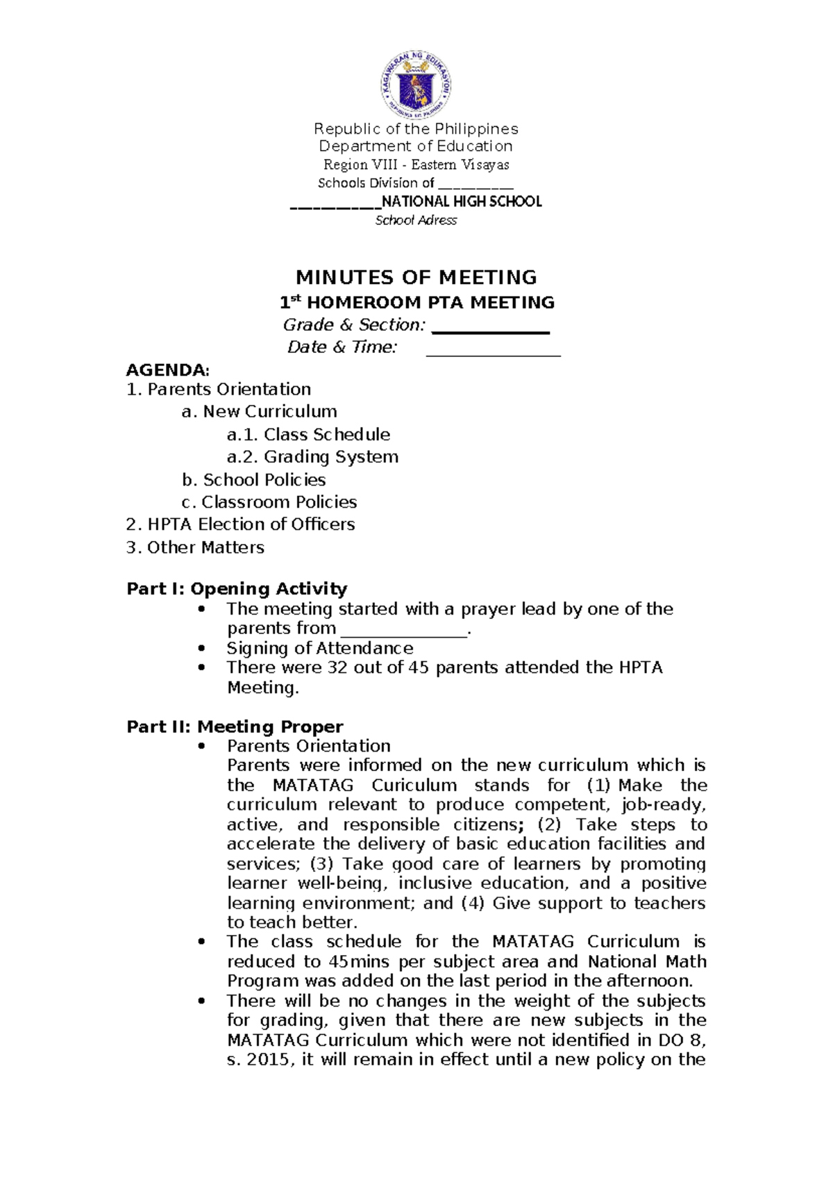 HPTA Minutes of Meeting - Republic of the Philippines Department of ...