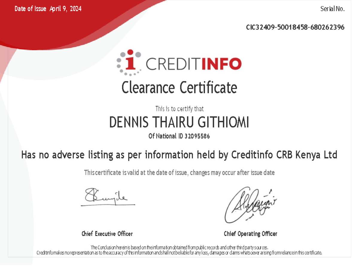 Dennis cearance cert - crb cert - Date of Issue April 9, 2024 Serial No ...
